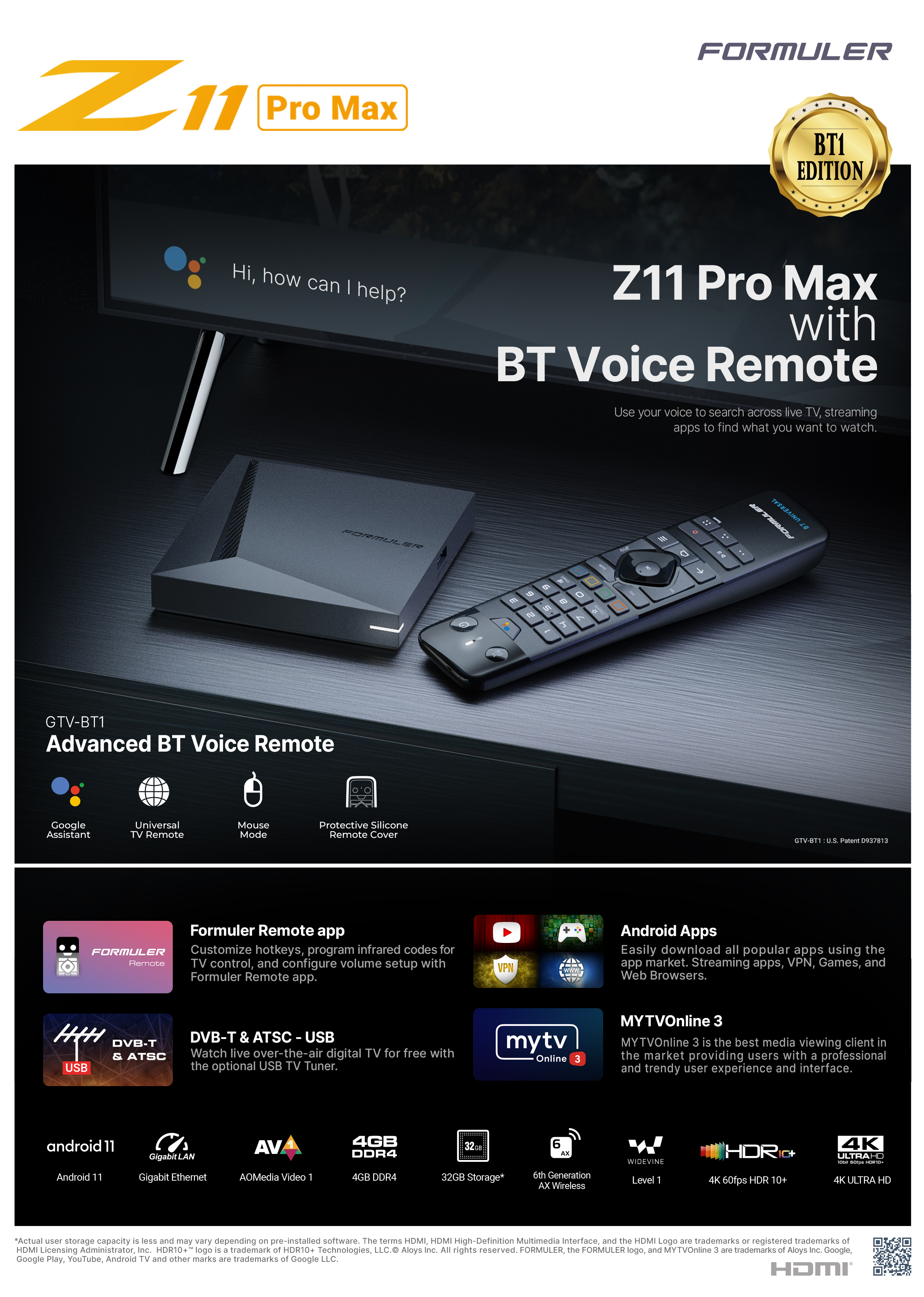 Formuler Z11 PRO MAX BT1-Edition 4K Android 11 OTT Medien Player 4GB ...